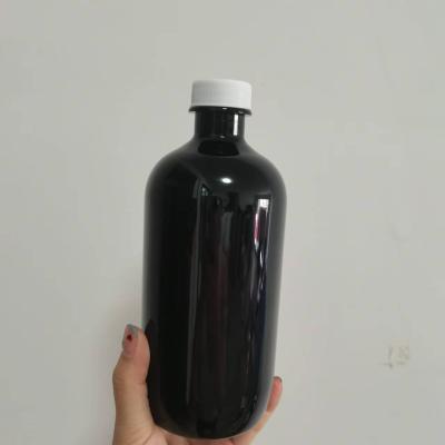 China 500ml PET Plastic Boston Round Bottle Black Screw Cap Foil Seal Shrink Band for Beverage for sale