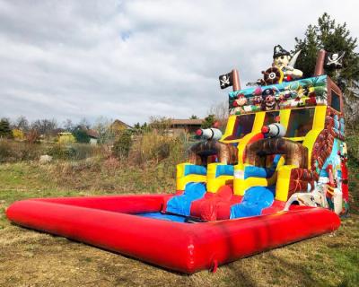 China Commercial Outdoor Inflatable Water Slide Pirate Ship Bounce House 0.55mm PVC 110kg for sale