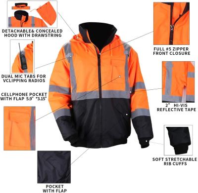 China Full Zip Padding Orange Bomber Hi Vis Waterproof Jacket Soft Fleece Lining for sale