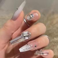 China Shinning Stones Press On Nails Coffin French Tip Nails Manicure Acrylic Stick On Nails Easy for sale