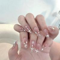 China Shinning Stones Press On Nails Coffin French Tip Nails Manicure Acrylic Stick On Nails Easy for sale