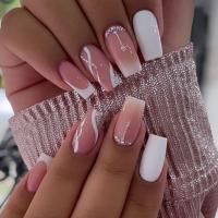 China Custom 3D Strong Luxury French Style Long Fake Acrylic Nails Tips False Artificial 24 Nails Designer Press On Nails Wholesale for sale