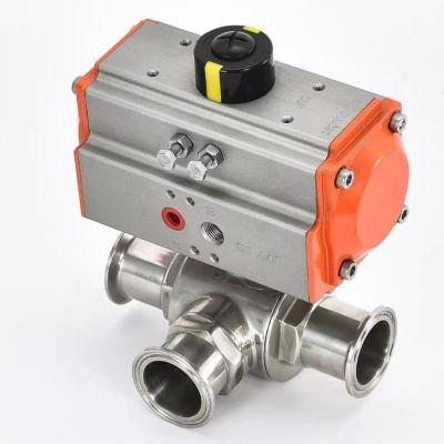 China Sanitary Tri Clamp 3 Way Pneumatic Ball Valve SS304 SS316L L/T Port Pneumatic Actuated Three Way Ball Valve for sale