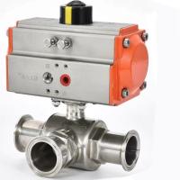 China Sanitary Tri Clamp 3 Way Pneumatic Ball Valve SS304 SS316L L/T Port Pneumatic Actuated Three Way Ball Valve for sale