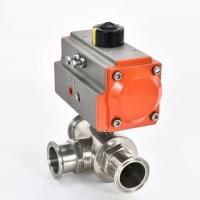 China Sanitary Tri Clamp 3 Way Pneumatic Ball Valve SS304 SS316L L/T Port Pneumatic Actuated Three Way Ball Valve for sale