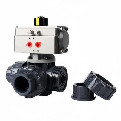 China Industrial UPVC Pneumatic Three Way Ball Valve L T Flow Type Socket Union Anti Acid Alkali PVC Ball Valve for Chemical Industry for sale