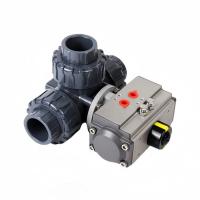 China Industrial UPVC Pneumatic Three Way Ball Valve L T Flow Type Socket Union Anti Acid Alkali PVC Ball Valve for Chemical Industry for sale