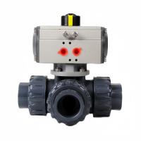 China Industrial UPVC Pneumatic Three Way Ball Valve L T Flow Type Socket Union Anti Acid Alkali PVC Ball Valve for Chemical Industry for sale