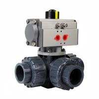 China Industrial UPVC Pneumatic Three Way Ball Valve L T Flow Type Socket Union Anti Acid Alkali PVC Ball Valve for Chemical Industry for sale