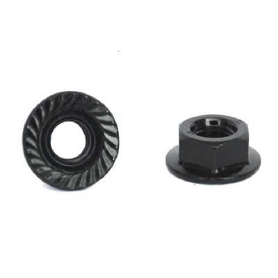 China Black Zinc Coated Stainless Steel Lock Nuts Grade 4.8 M3-M12 Serrated Flange for Industrial Applications for sale