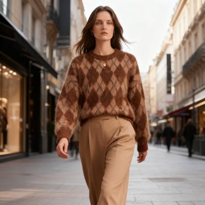 China OEM Mohair Wool Blend Argyle Pattern Computer Knitted Pullover Sweater for Women for sale