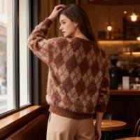 China OEM Mohair Wool Blend Argyle Pattern Computer Knitted Pullover Sweater for Women for sale