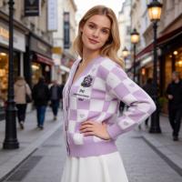 China OEM Women Knit Sweater Long Sleeve V-neck Preppy Style Jacquard Embroidery Button Knit Cardigan for sale