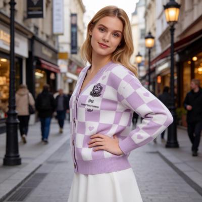 China OEM Women Knit Sweater Long Sleeve V-neck Preppy Style Jacquard Embroidery Button Knit Cardigan for sale