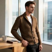 China Men's Thick 30% Wool Cable Knit Cardigan Sweater Japanese-Style Retro Twist-Pattern V-Neck for sale