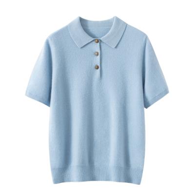 China 100% Cashmere Sweater Women's Knitted Short Sleeve V-neck Breathable T-shirt for sale