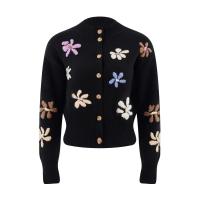 China Women's Floral Embroidery Cardigan with Anti-Pilling and 7GG Knitted Crew Neck Long Sleeve for sale