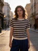 China Women's Cropped Top Pullover - Breathable, Wrinkle Resistant, Anti-Deformation Striped Design for sale