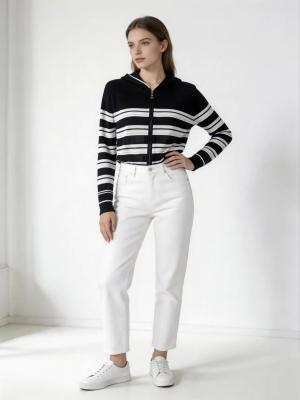 China Women's Striped 16G Computer Knitted Hooded Cardigan with Good Elasticity and Nice Drape for sale