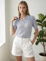 China Breathable 7G Computer Knitted Knit Pullover Top with Openwork Stripe Polo Collar for sale
