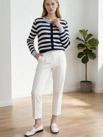 China Custom Ladies 12G Computer Knitted Cardigan with Good Elasticity and Navy White Stripe Contrast Trim for sale