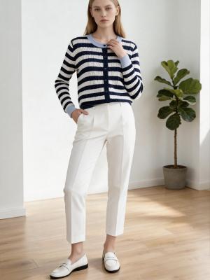 China Custom Ladies 12G Computer Knitted Cardigan with Good Elasticity and Navy White Stripe Contrast Trim for sale