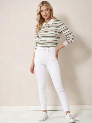 China Women's 14G Computer Knitted Breathable Pullover Knit Top with Striped Polo Collar and Embroidery Logo for sale