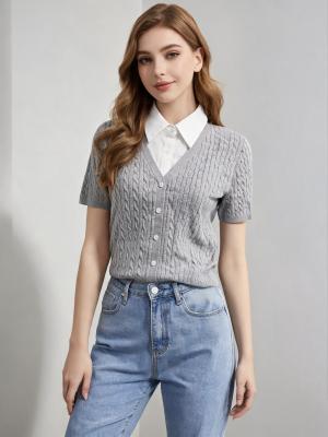 China 14G Computer Knitted Lightweight V-Neck Cable-Knit Women's Cardigan for sale