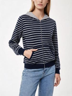 China Hooded Full-Zip Striped Knit Cardigan with 7G Gauge Computer Knitted for Excellent Warmth for sale