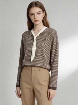 China Women's Oversized Knit Top with Contrast Tie Neck Long Sleeve - Breathable Lyocell Linen Viscose Pullover for sale