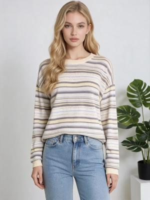 China Women's 14G Computer Knitted Breathable Knit Top Pullover with Striped Design for sale