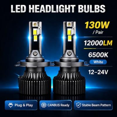 China New 130W 12000LM H4 LED Headlight Bulbs 6500K Auto Long Lifespan Advanced Cooling System 12-24V Universal Fitment OEM/ODM for sale
