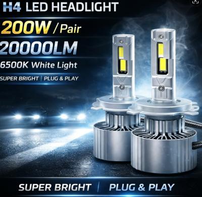 China 200W 14000LM New LED Headlight Bulb H4 6500K Car Headlamp High Brightness 12-24V Auto Light Silver Aluminum+Brass Universal OEM for sale