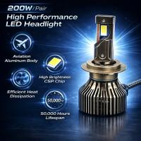 China 200W 20000LM Super Bright Aluminum Brass LED Headlight Bulb H7 6500K Auto Plug Play Cooling System New Universal Fitment 12V-24V for sale