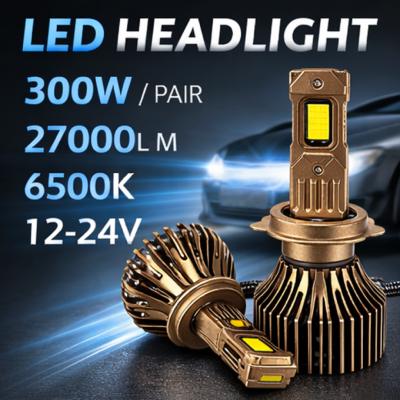 China 300W 27000LM New Design 6500K Full Capacity 12-24V IP68 Waterproof Gold LED Car Headlight Bulbs for H7 2-Year Warranty Universal for sale