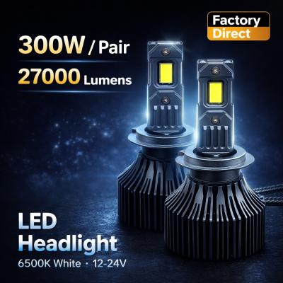 China New 300W 150W 27000LM 6500K IP68 Waterproof Universal Fitment 12V/24V LED Car Headlight Bulbs for H7 2-Year Warranty for sale
