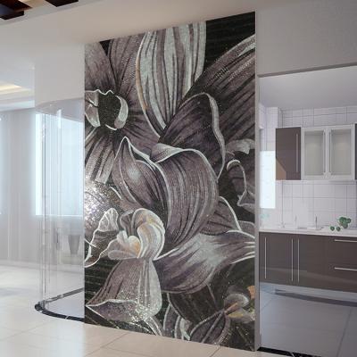 China Handmade Dark Style Glass Mosaic Flower Painting Mural Custom Size for sale
