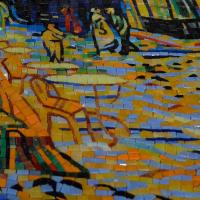 China Cafe Terrace at Night Glass Mosaic Tile Mural Backsplash Custom Size for Hotel Lobby Decoration for sale
