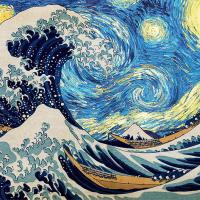 China Hokusai Van Gogh Painting Handcut Glass Mosaic Mural Tiles Custom Size for Hotel Lobby for sale