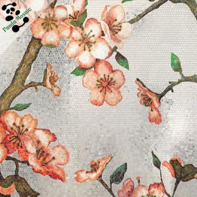 China Custom Glass Mosaic Mural Art Backsplash Peach Flower Design for Living Room Wall Decor for sale