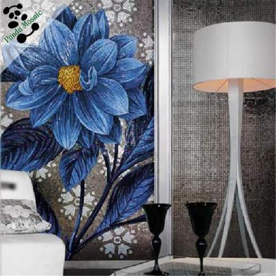 China Handmade Glass Mosaic Tile Wall Art Flower Painting Golden Mosaic Murals Custom Size for sale