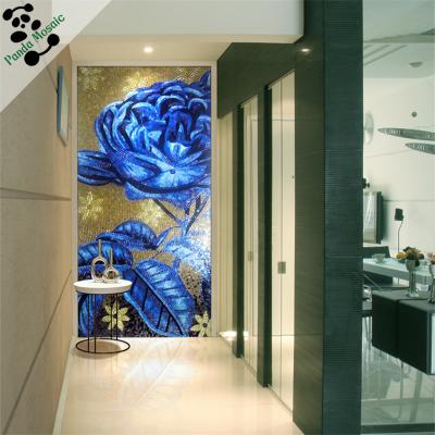 China Handmade Glass Mosaic Tile Wall Murals Blue Rose Flower Design Custom Size for Living Room Decor for sale