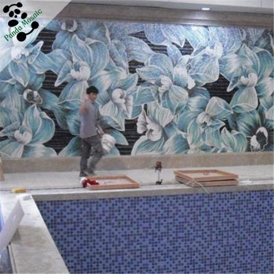 China Chinese Handmade Mosaic Glass Tile Backsplash Green Flower Mural Custom Size 10mm for sale