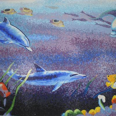 China Ocean Scenery Dolphin Glass Mosaic Pool Tile Anti Frozen Anti Slip Custom Size for sale