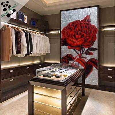 China Custom Size Glass Mosaic Tile Red Rose Flower Design Decorative Wall Mural SMM15-B for sale