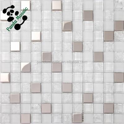 China Super White Crystal Glass Mosaic Tile Mixed Metal 300x300mm for Bathroom Wall for sale