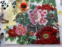 China Handmade Glass Mosaic Wall Art Chinese Rose Design Custom Size Mural for Bedroom Living Room for sale