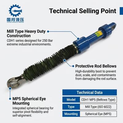 China CDH Mill Type Hydraulic Cylinder with Protective Bellows Dust Boot Double Spherical Eye Mount MP5 for Cement & Steel Plant for sale