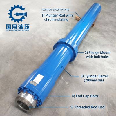 China Guoyue Hydraulics 200mm Bore 2310mm Stroke Heavy-Duty Single-Acting Plunger Hydraulic Cylinder — ISO 6020/6022, 250 Bar, Hard Chrome Plated for sale