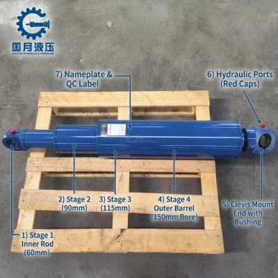 China Guoyue Hydraulics 4-Stage Single-Acting Telescopic Hydraulic Cylinder 150/130/115/105/90/75/60mm × 4440mm Total Stroke, 21 MPa, Clevis Mount for sale